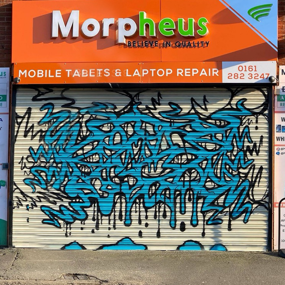 Morpheus mobile shop Withington walls by Marcus Lane in Manchester